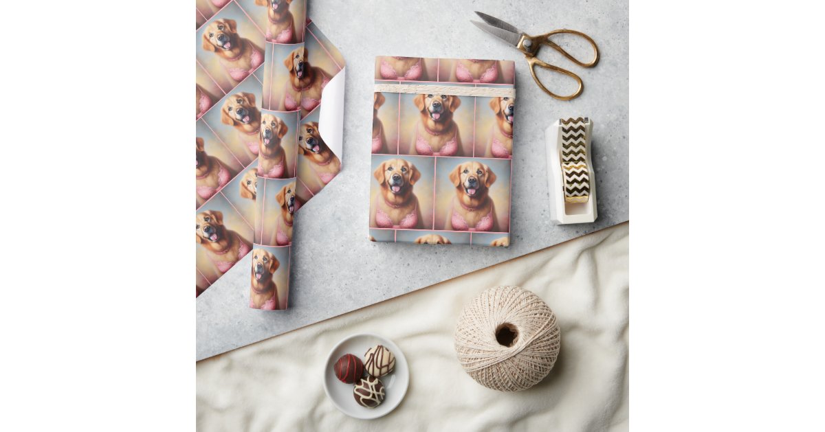 Golden Retriever Wearing a Pink Bra Wrapping Paper | Zazzle