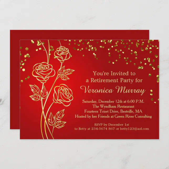 Golden roses, confetti on red Retirement Party Invitation | Zazzle