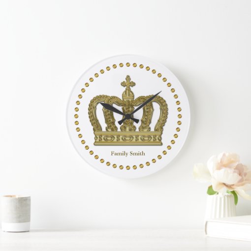 Golden Royal Crown II + your backgr. & ideas Large Clock | Zazzle