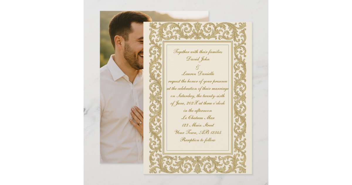 Golden Royal Scrolls Photo Wedding Invitation | Zazzle