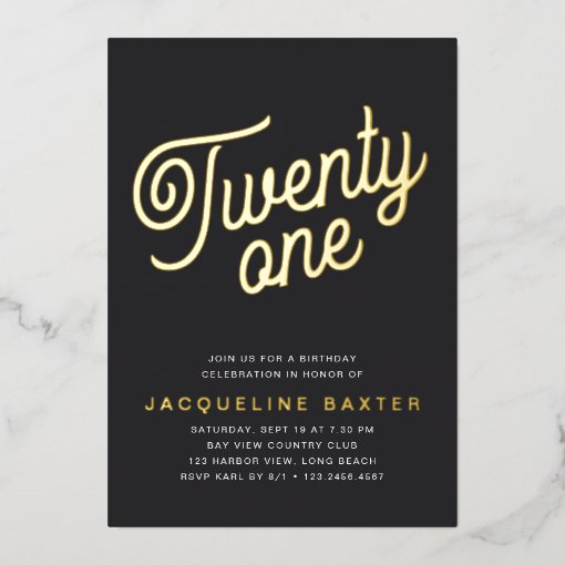 Golden Script 21st Birthday Party Foil Invitation | Zazzle