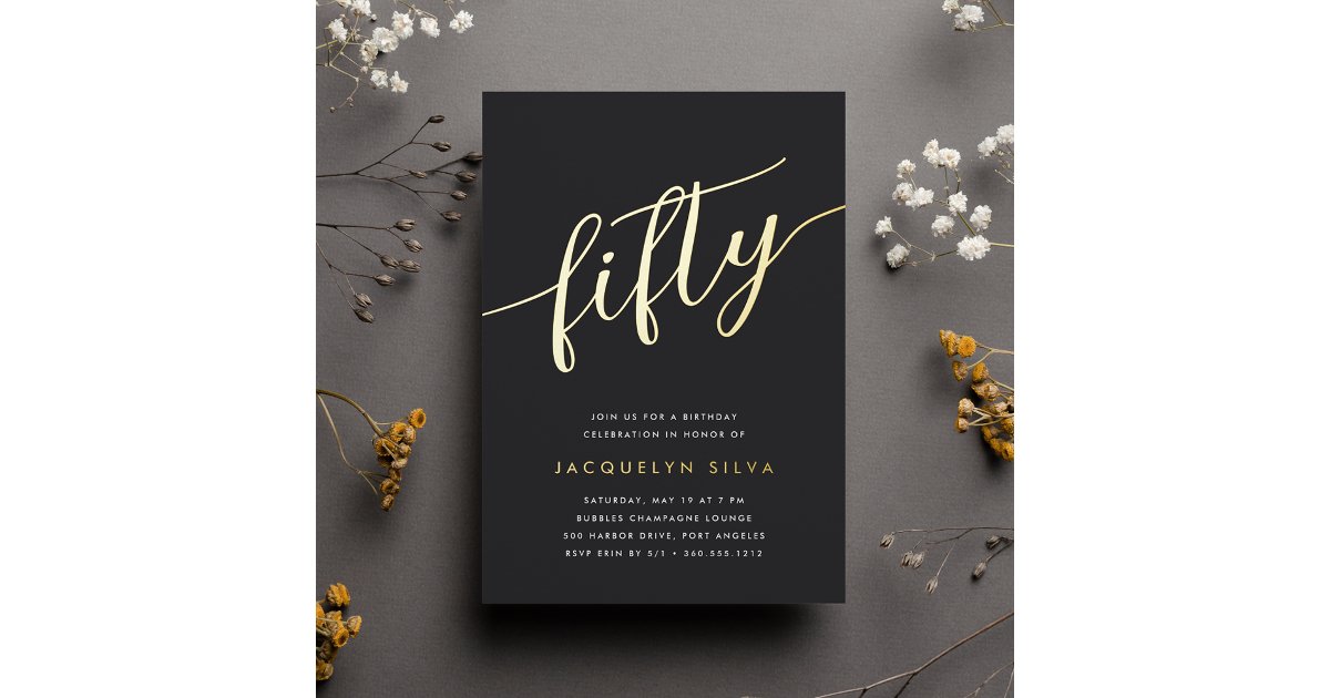 Golden Script 50th Birthday Party Foil Invitation | Zazzle