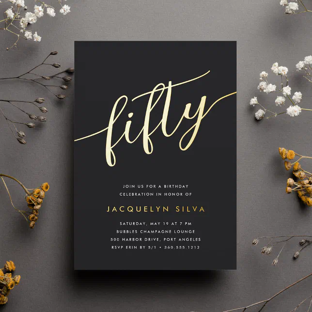 Golden Script 50th Birthday Party Foil Invitation | Zazzle