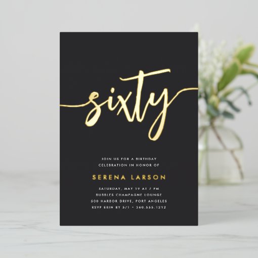 Golden Script 60th Birthday Party Foil Invitation | Zazzle