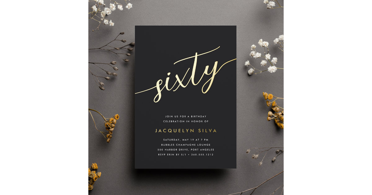 Golden Script 60th Birthday Party Foil Invitation | Zazzle