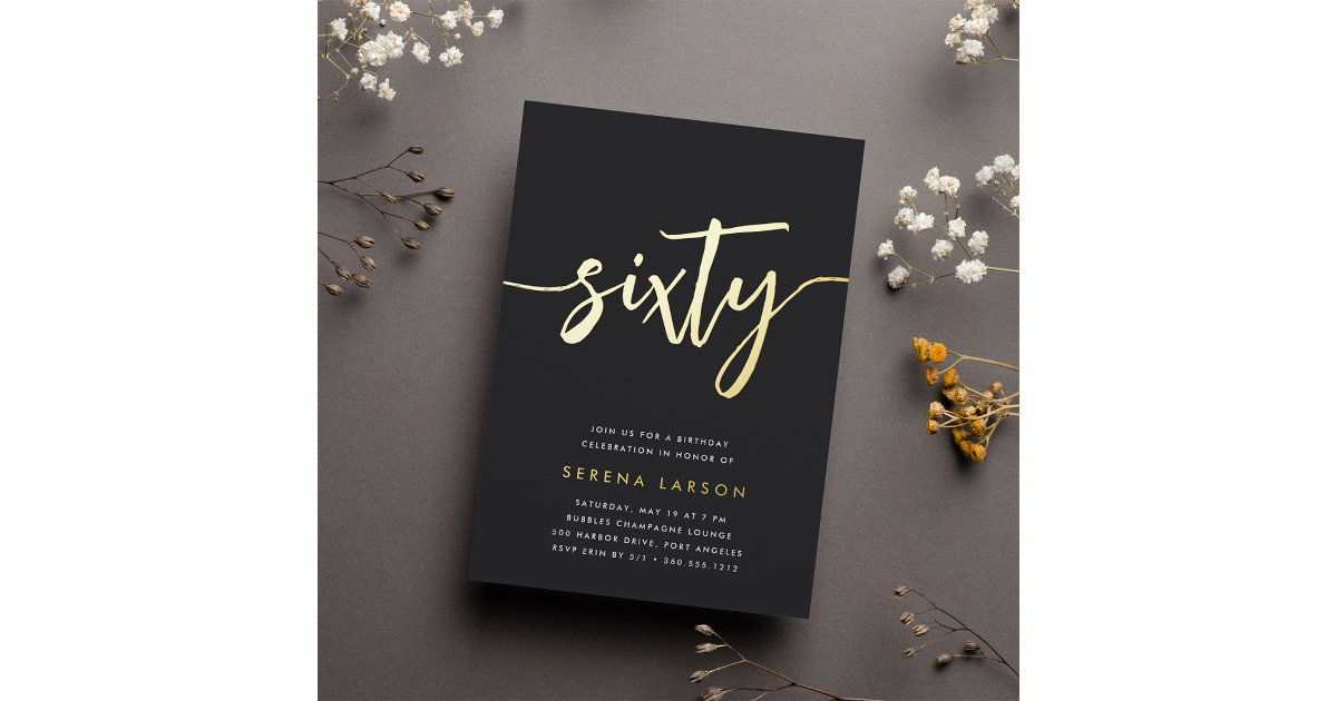 Golden Script 60th Birthday Party Foil Invitation | Zazzle