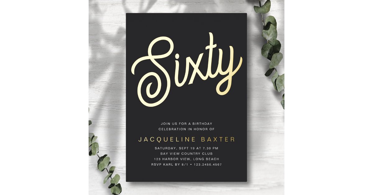 Golden Script 60th Birthday Party Foil Invitation | Zazzle