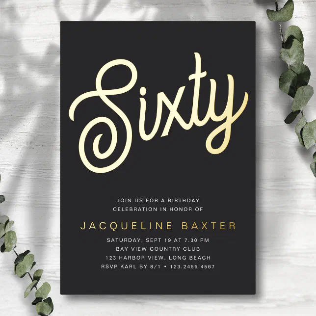 Golden Script 60th Birthday Party Foil Invitation | Zazzle