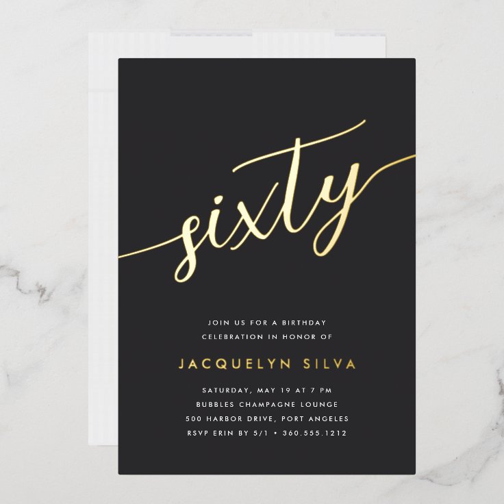 Golden Script 60th Birthday Party Foil Invitation | Zazzle