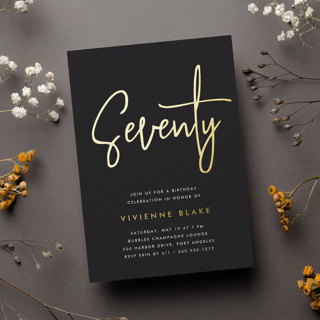 Golden Script 70th Birthday Party Foil Invitation | Zazzle