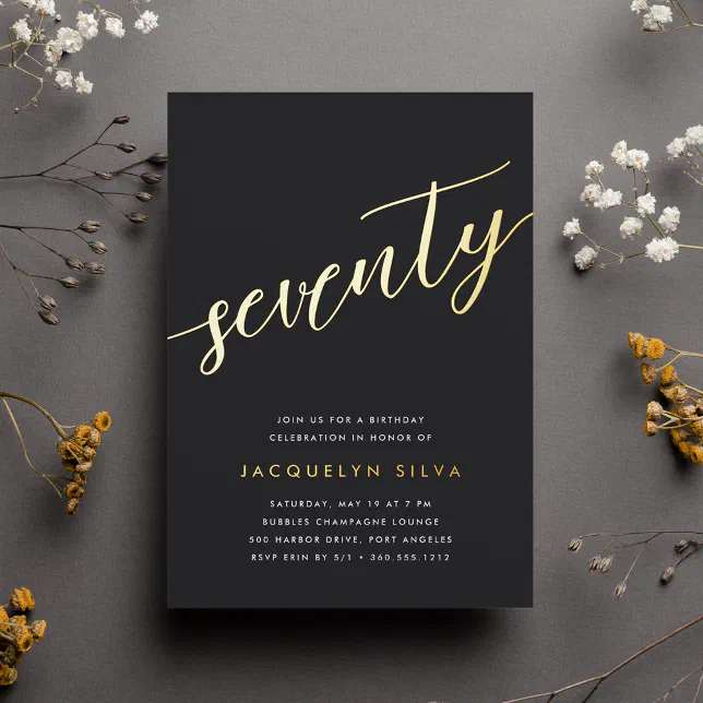 Golden Script 70th Birthday Party Foil Invitation | Zazzle
