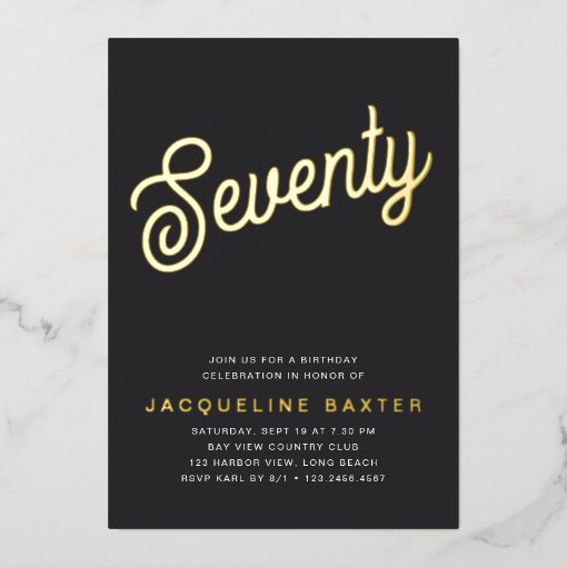 Golden Script 70th Birthday Party Foil Invitation | Zazzle