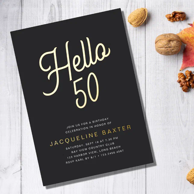 Golden Script Hello 50 50th Birthday Party Foil Invitation | Zazzle