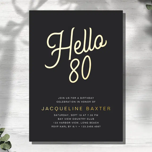 Golden Script Hello 80 80th Birthday Party Foil Invitation | Zazzle