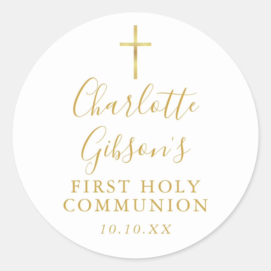 Golden Signature Gold Cross First Holy Communion Classic Round Sticker ...