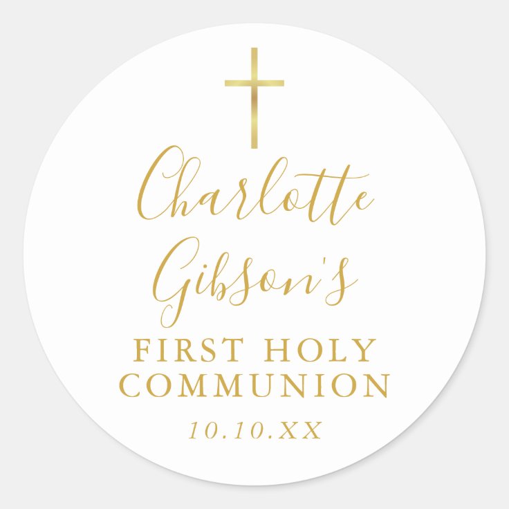 Golden Signature Gold Cross First Holy Communion Classic Round Sticker ...