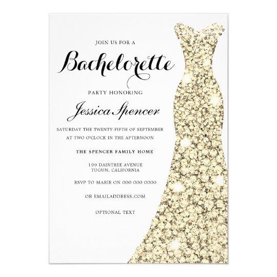 Golden Sparkle Dress Bachelorette Party Invite | Zazzle.com