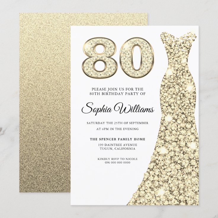 Golden Sparkle Dress Womans 80th Birthday Party Invitation | Zazzle