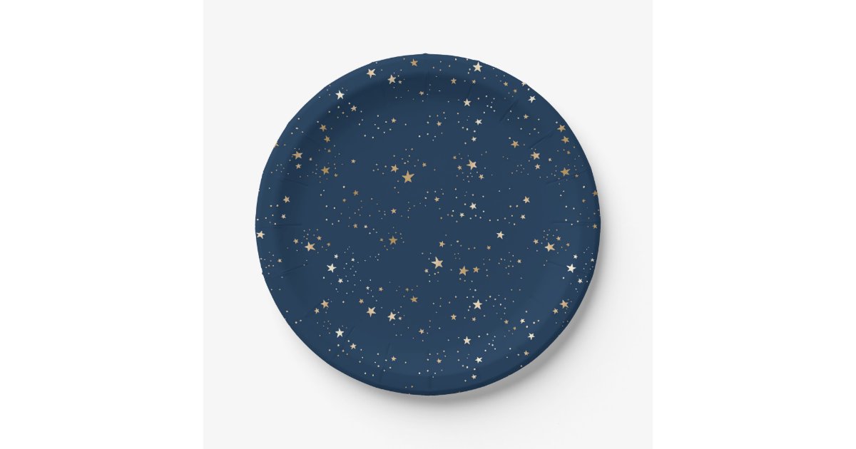 Golden Star on Blue Night Pattern Paper Plates | Zazzle