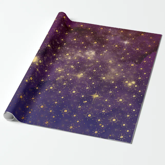 Golden Stars Galaxy Celestial Planets Purple Wrapping Paper | Zazzle