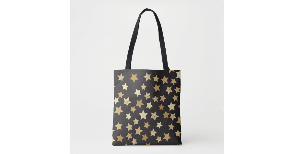 Golden Stars on Black Background Pattern Tote Bag | Zazzle