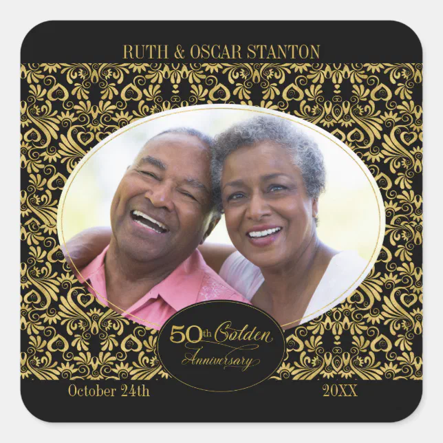 Golden Swirls On Black 50th Anniversary Photo Square Sticker Zazzle