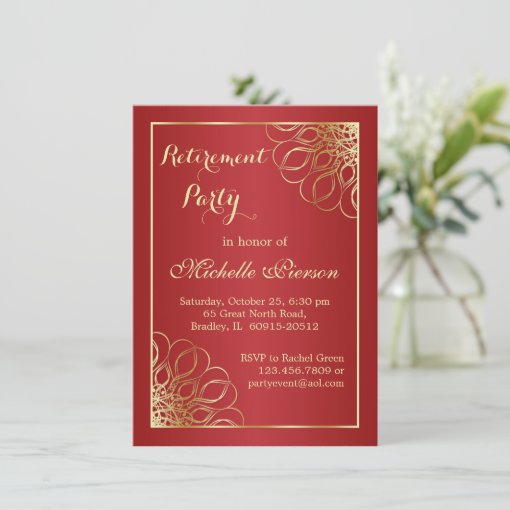 Golden swirls on dark red Retirement Party Invitation | Zazzle