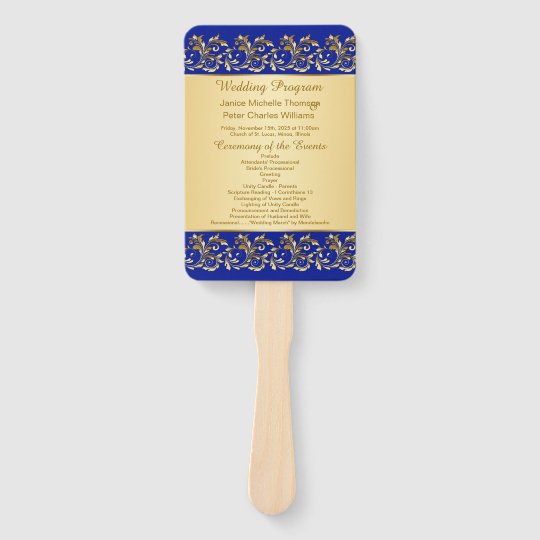 Golden swirls on royal blue Wedding program Hand Fan | Zazzle.com