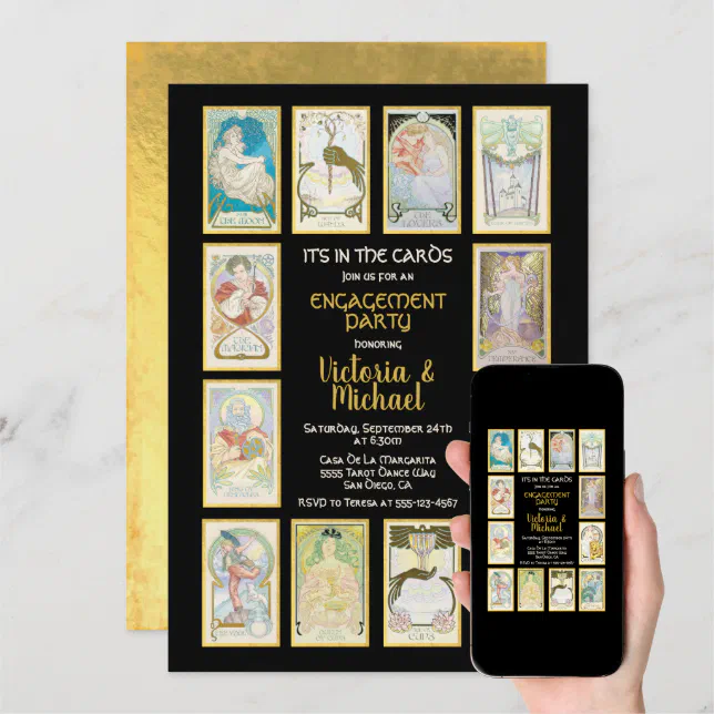 Golden Tarot Card Engagement Party Invitations | Zazzle