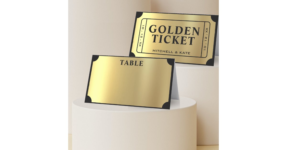 Golden Ticket Black & Gold Wedding Place Card | Zazzle