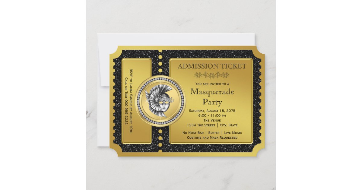 Golden Ticket Gold Masquerade Party Invitation | Zazzle
