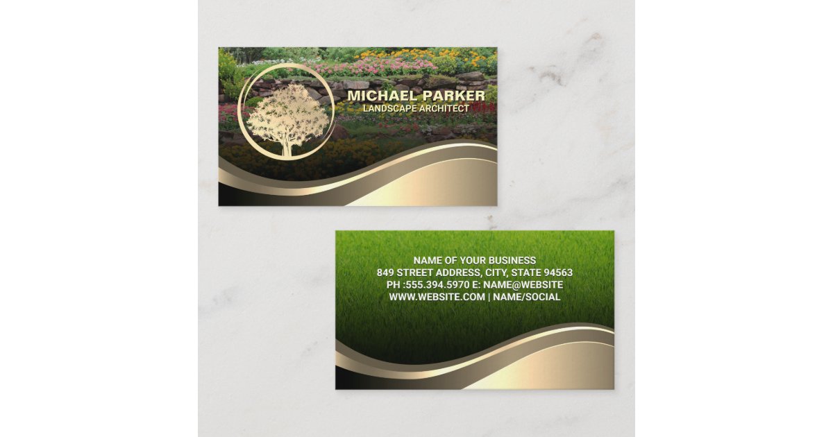 Golden Tree Logo | Grass Flower Garden Business Card | Zazzle