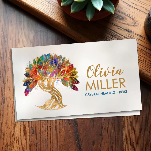 Golden Tree of Life - colorful foliage Business Card | Zazzle