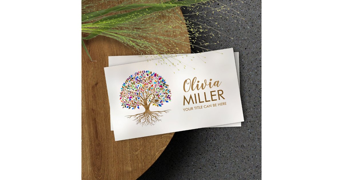 Golden Tree of Life - Colorful Leaves Business Card | Zazzle