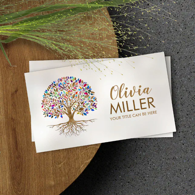 Golden Tree of Life - Colorful Leaves Business Card | Zazzle