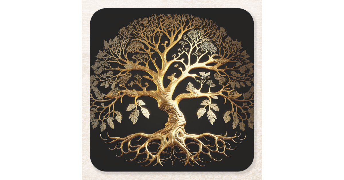 Golden Tree of Life Yggdrasil Square Paper Coaster | Zazzle
