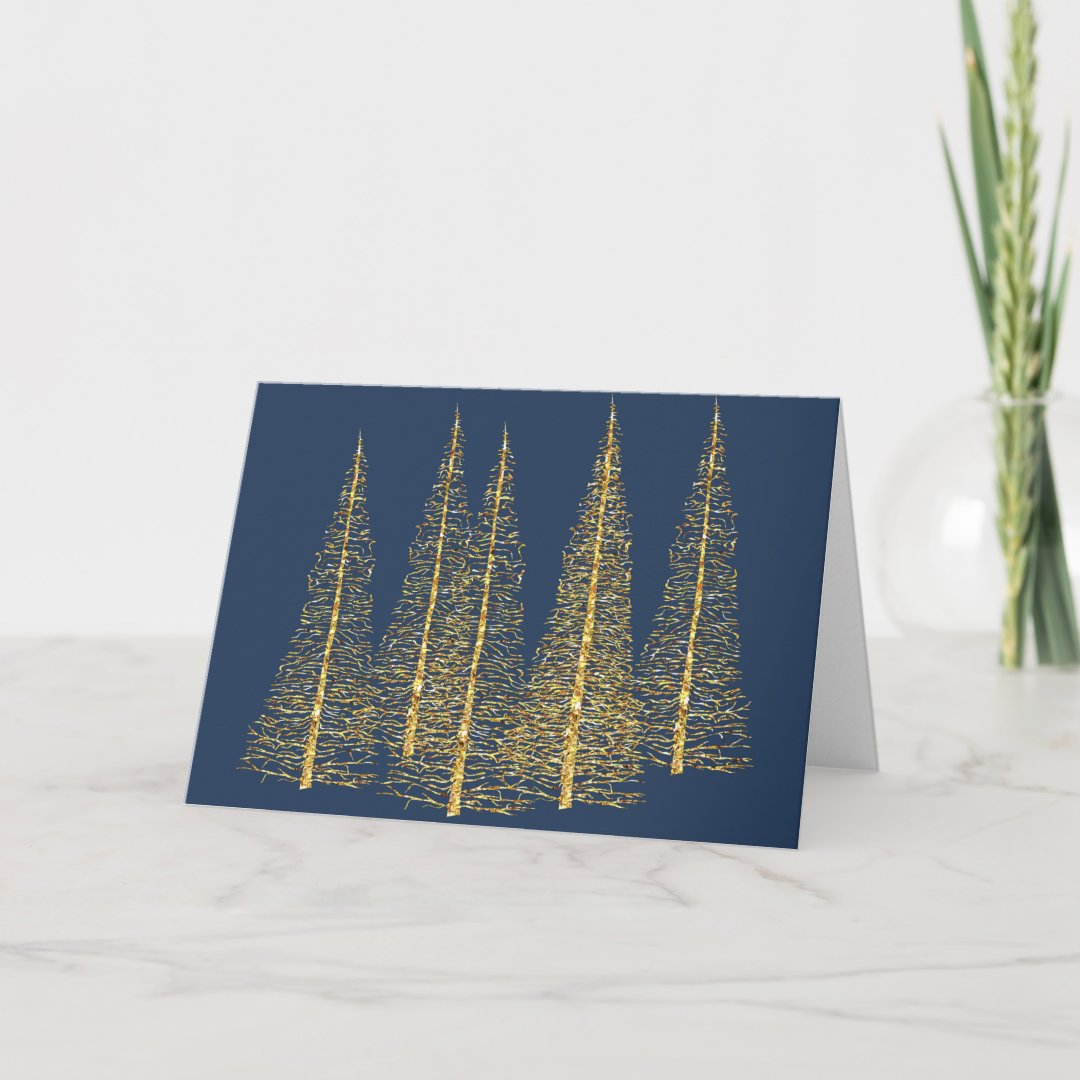 Golden Trees on Blue Greeting Christmas Card | Zazzle