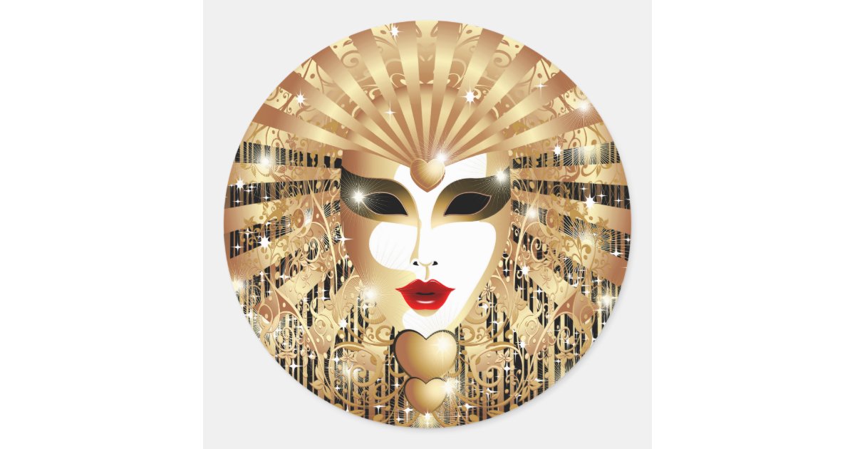 Golden Venice Carnival Party Mask Classic Round Sticker | Zazzle