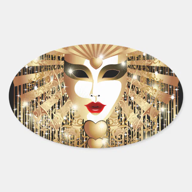 Golden Venice Carnival Party Mask Oval Sticker | Zazzle