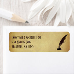 Golden Vintage Quill Pen and Ink Well Address Label | Zazzle