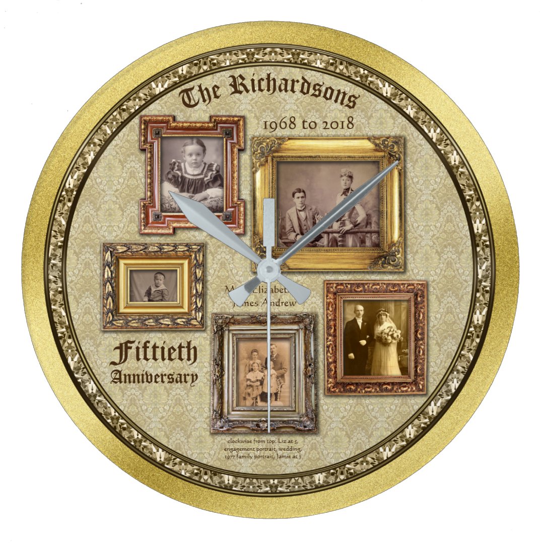 Golden Wedding Anniversary Antique Frames Collage Large Clock | Zazzle