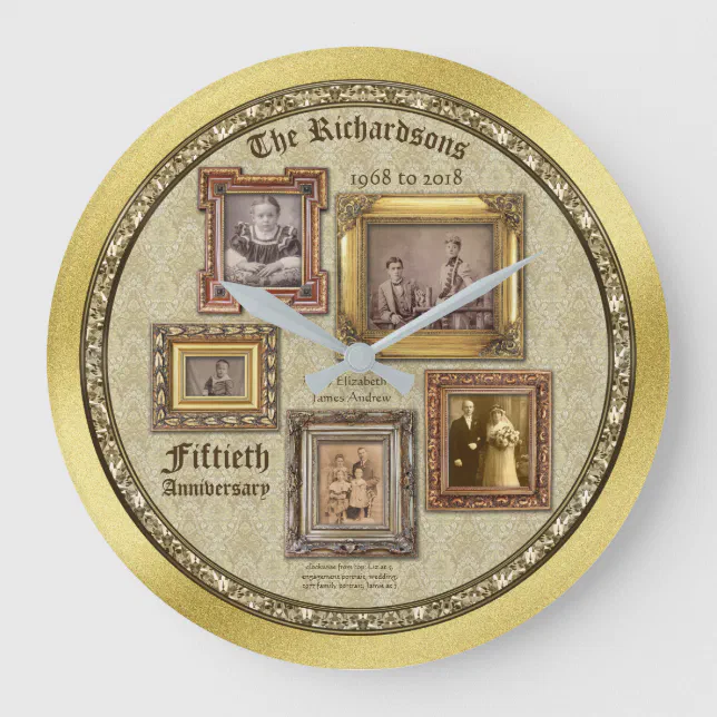 Golden Wedding Anniversary Antique Frames Collage Large Clock | Zazzle
