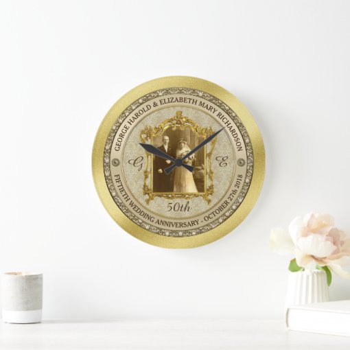 Golden Wedding Anniversary Classic Photo Frame Large Clock | Zazzle