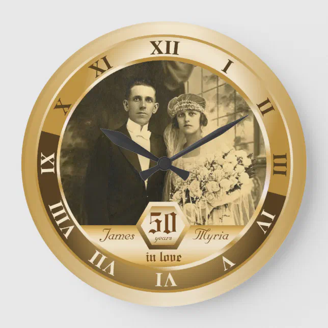 Golden Wedding Anniversary Customizable Photo Gift Large Clock | Zazzle
