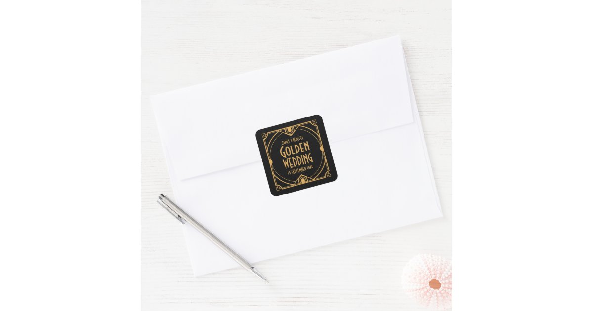 Golden Wedding Art Deco Style Gold Frame Square Sticker | Zazzle