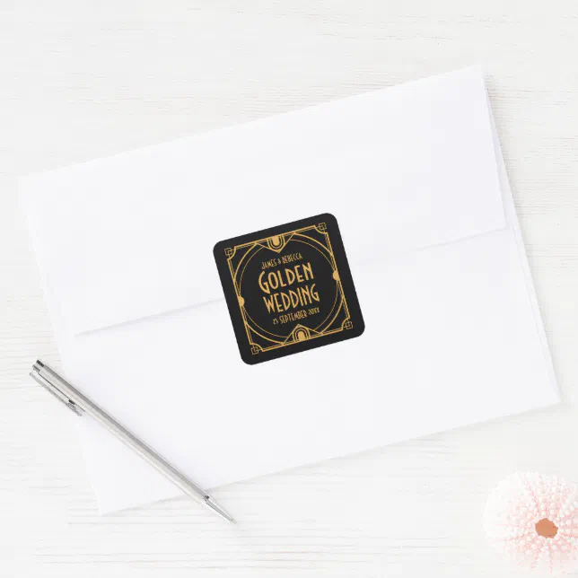 Golden Wedding Art Deco Style Gold Frame Square Sticker | Zazzle