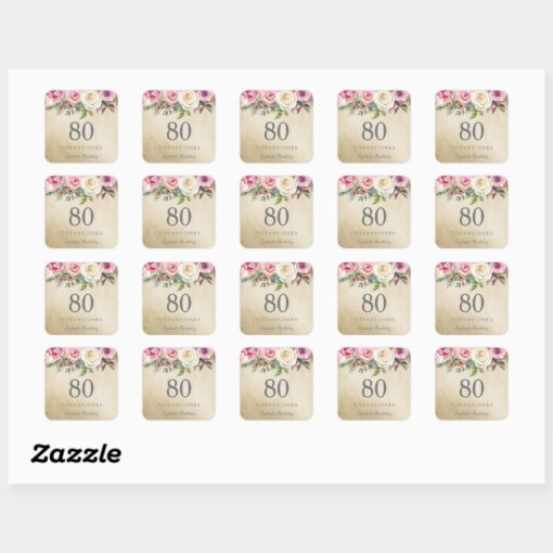 Golden White Rose Pink Floral 80th Birthday Square Sticker Zazzle
