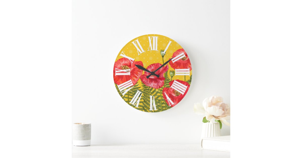Golden Yellow with Red Poppies Roman Numerals Large Clock | Zazzle