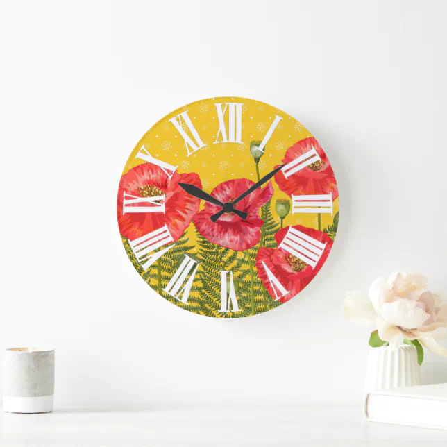 Golden Yellow with Red Poppies Roman Numerals Large Clock | Zazzle