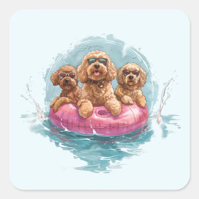 Goldendoodle Dogs Summer Pineapple Pool Float Square Sticker | Zazzle